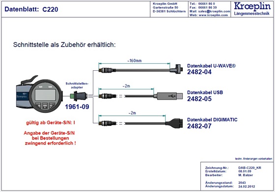 Kroeplin C220 merilna ura za merjenje debeline materiala tehnična risba